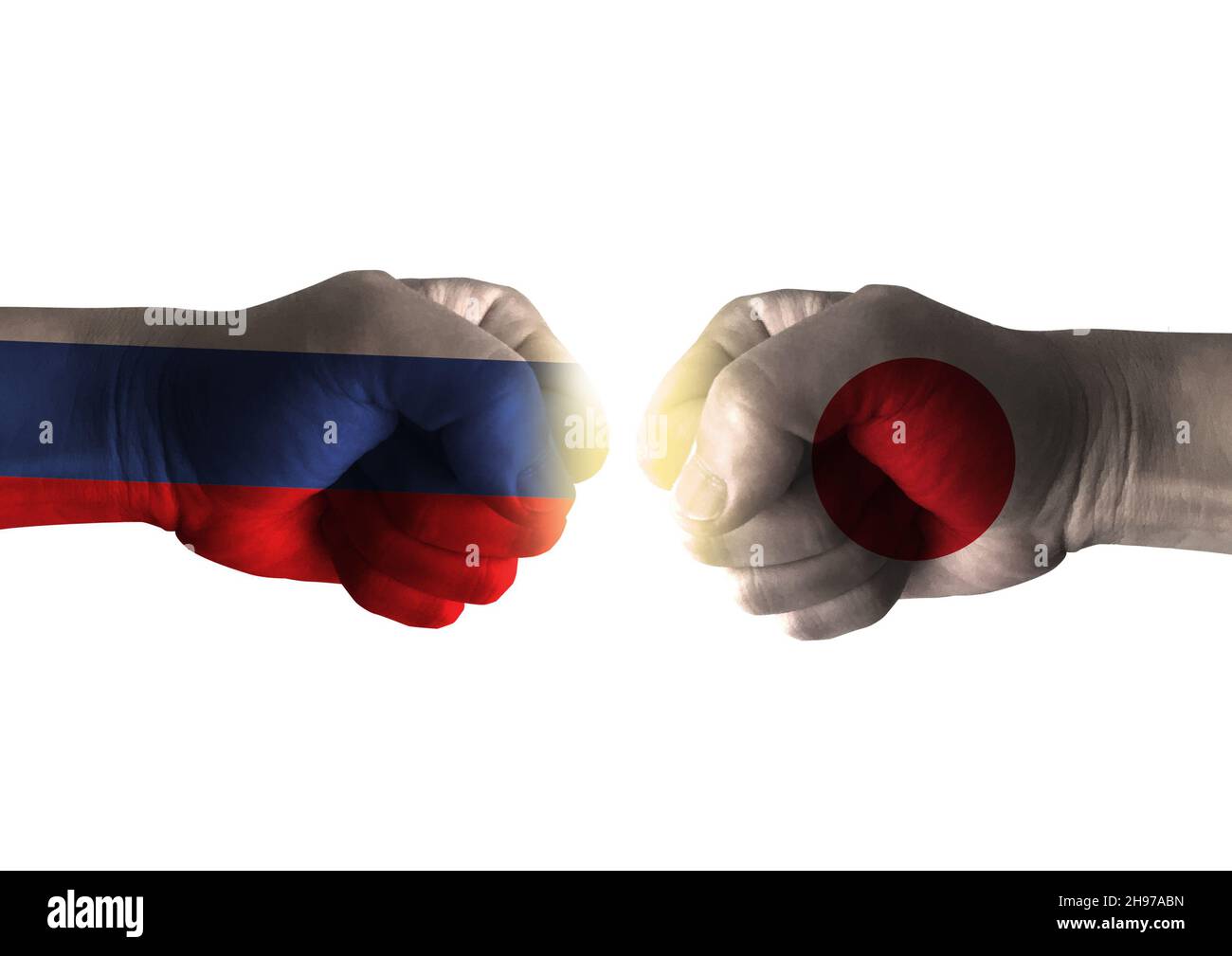 russia vs japan. Fists with flags. Battle of two countries on white ...