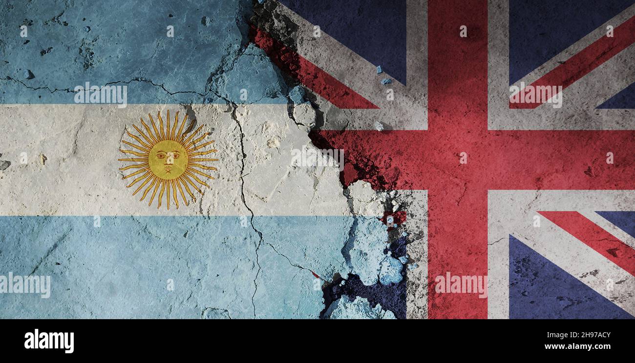 Argentina vs uk flag on a rough background. Broken and cracked ...