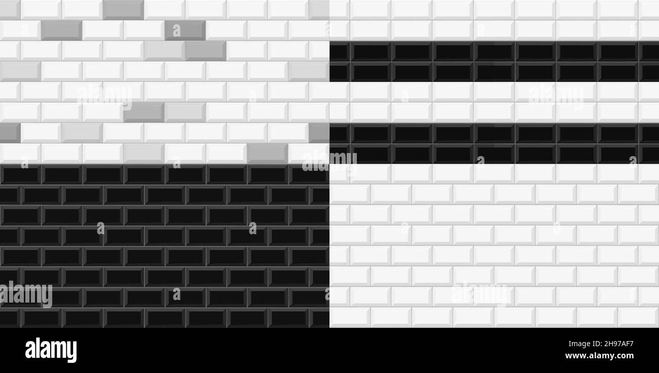 Black and white Subway tile seamless pattern set. Wall with brick ...