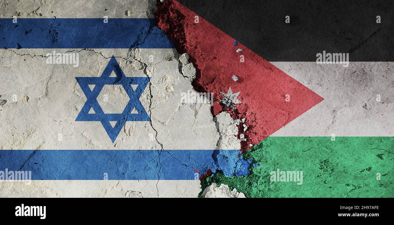 Israel vs Jordan flag on a rough background. Broken and cracked ...