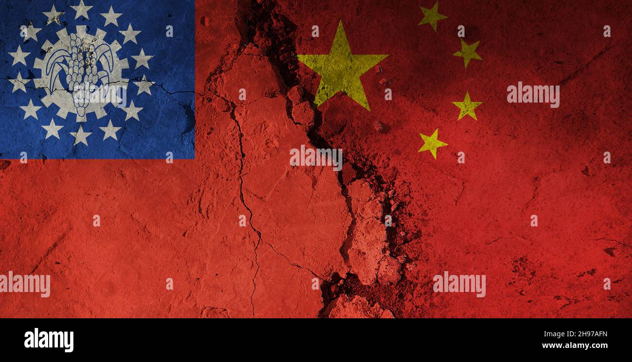 Myanmar vs china flag on a rough background. Broken and cracked ...