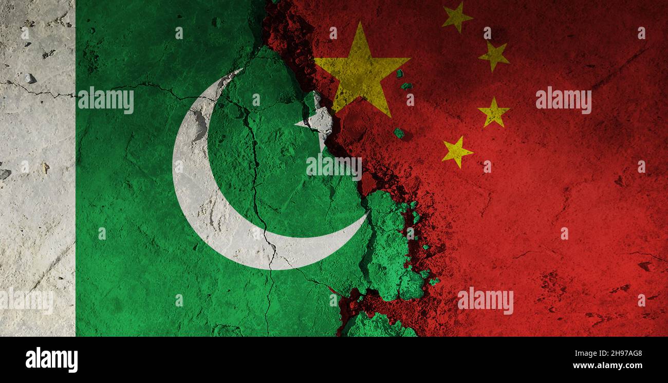 Pakistan vs china flag on a rough background. Broken and cracked ...