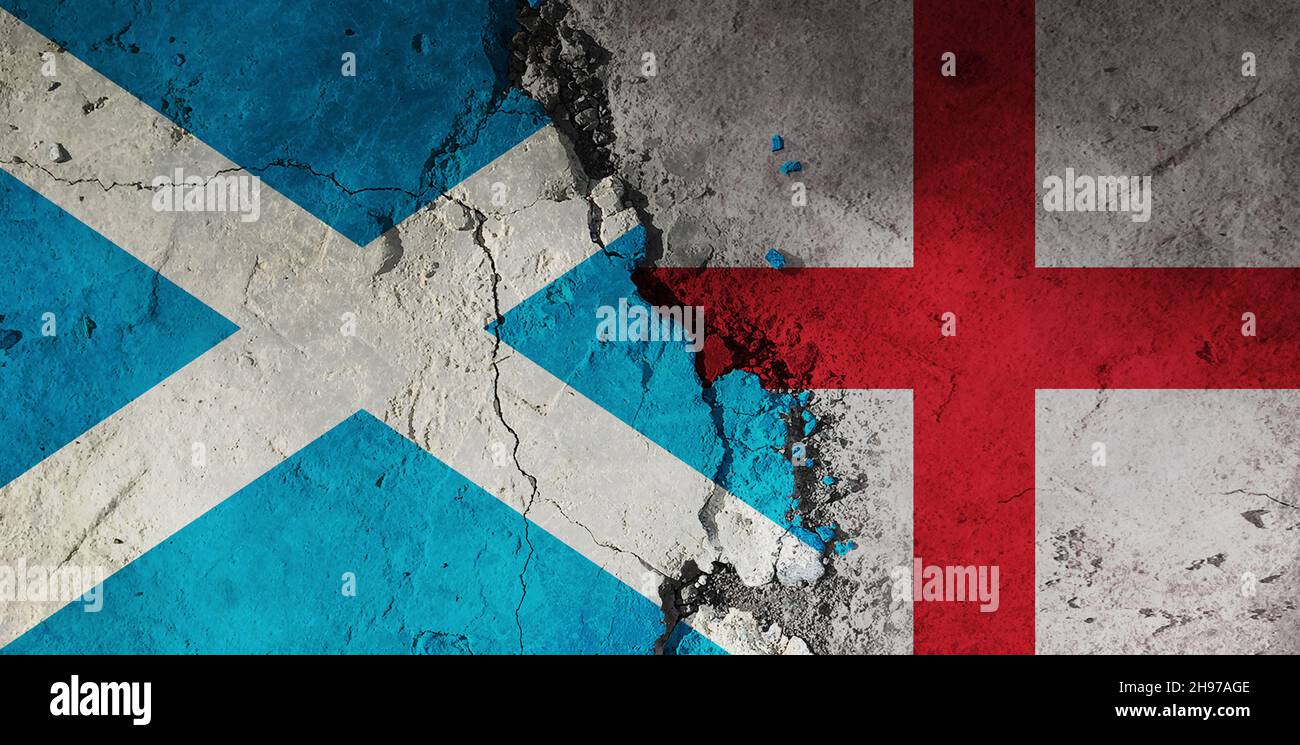 Scotland vs england flag on a rough background. Broken and cracked ...