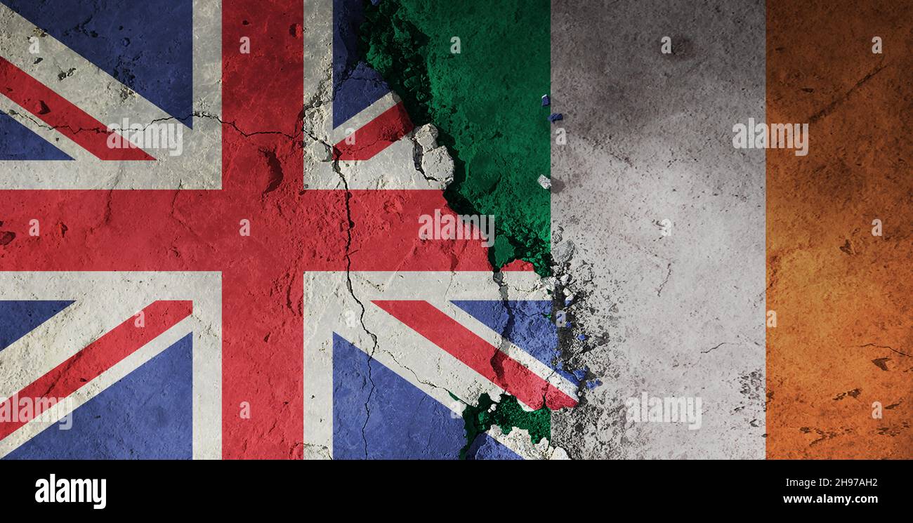 UK vs Ireland flag on a rough background. Broken and cracked background ...