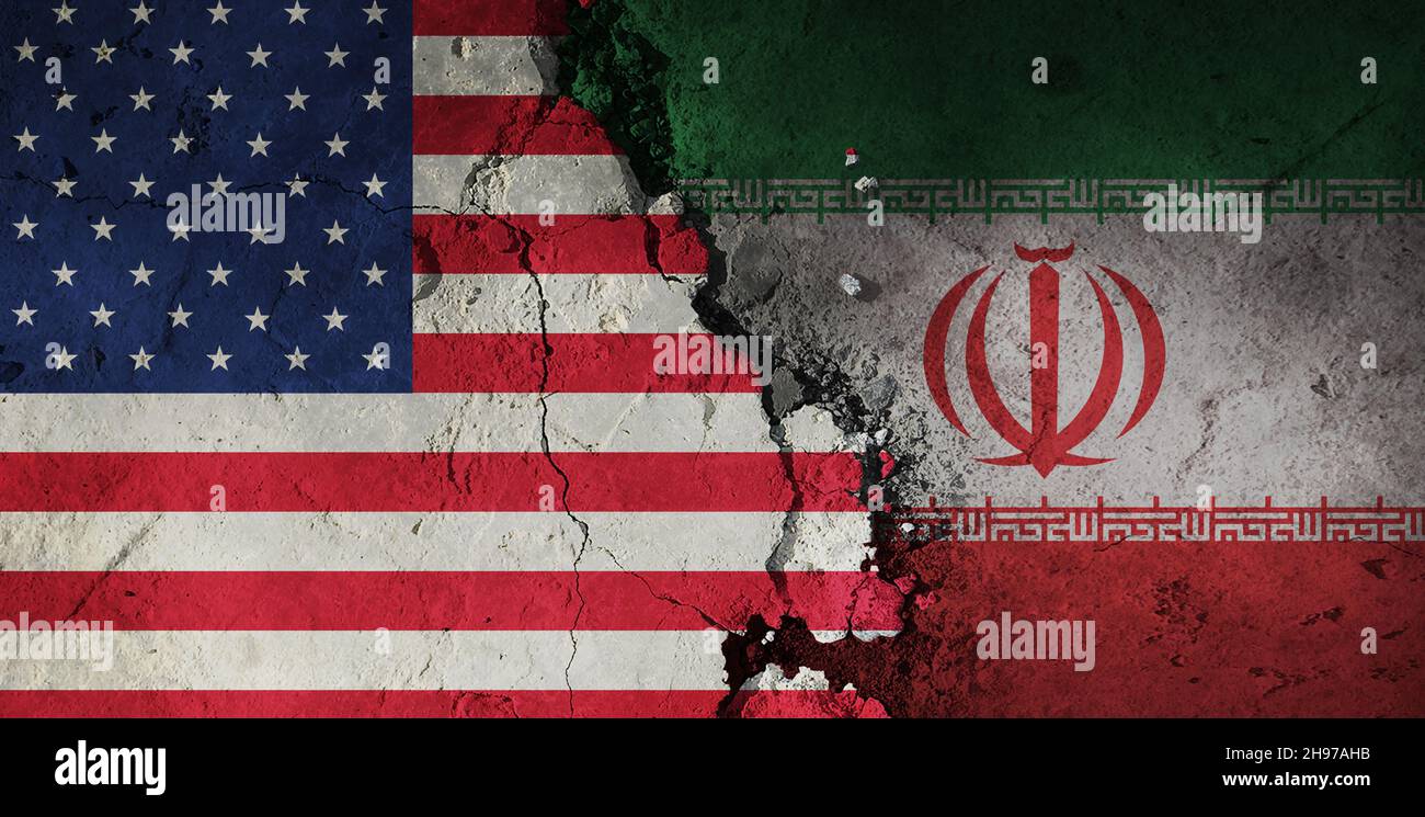 US vs Iran flag on a rough background. Broken and cracked background ...