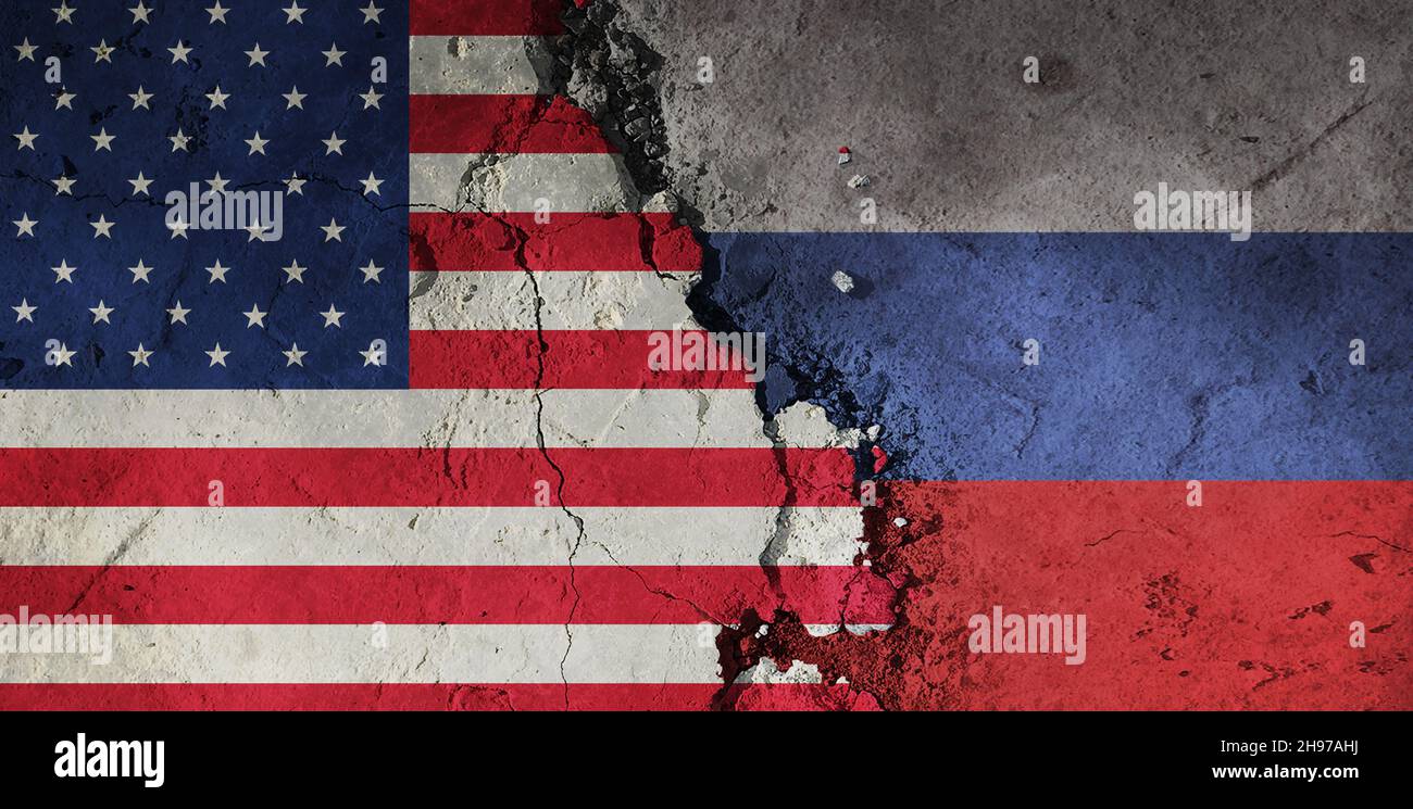 US vs russia flag on a rough background. Broken and cracked background ...