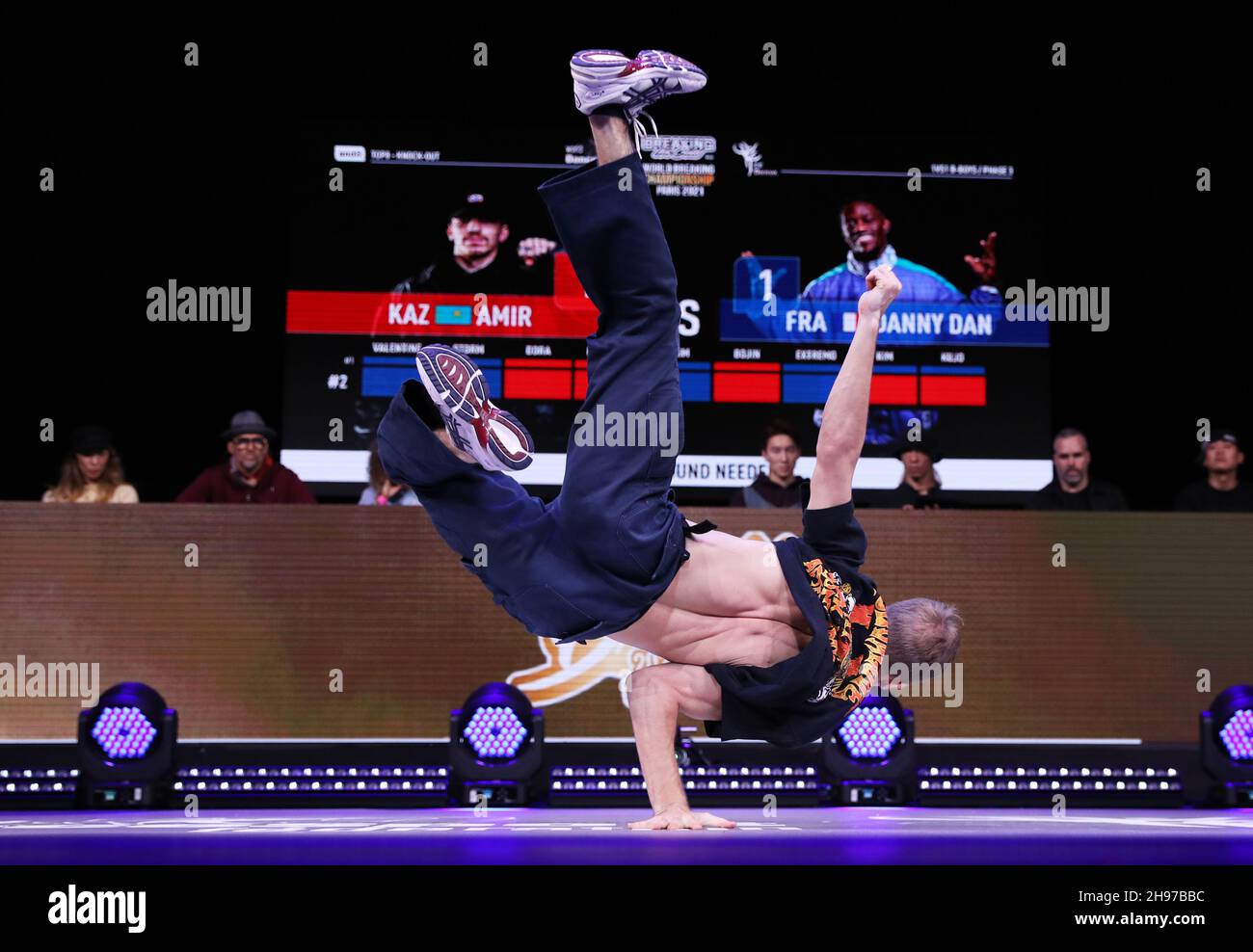 Paris, France. 4th Dec, 2021. Bboy Amir from Kazakhstan competes during ...