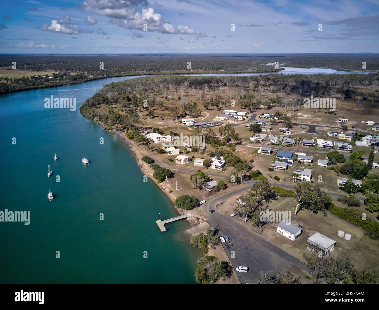 Aerial of the boat ramp at Buxton a small village on the banks of the ...
