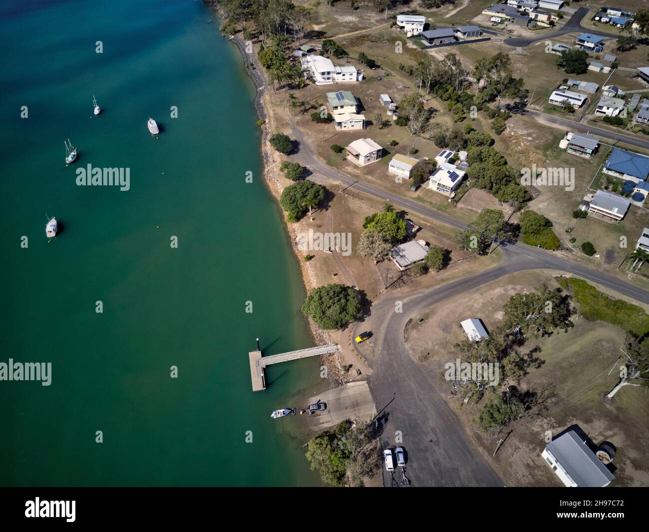 Aerial of the boat ramp at Buxton a small village on the banks of the ...