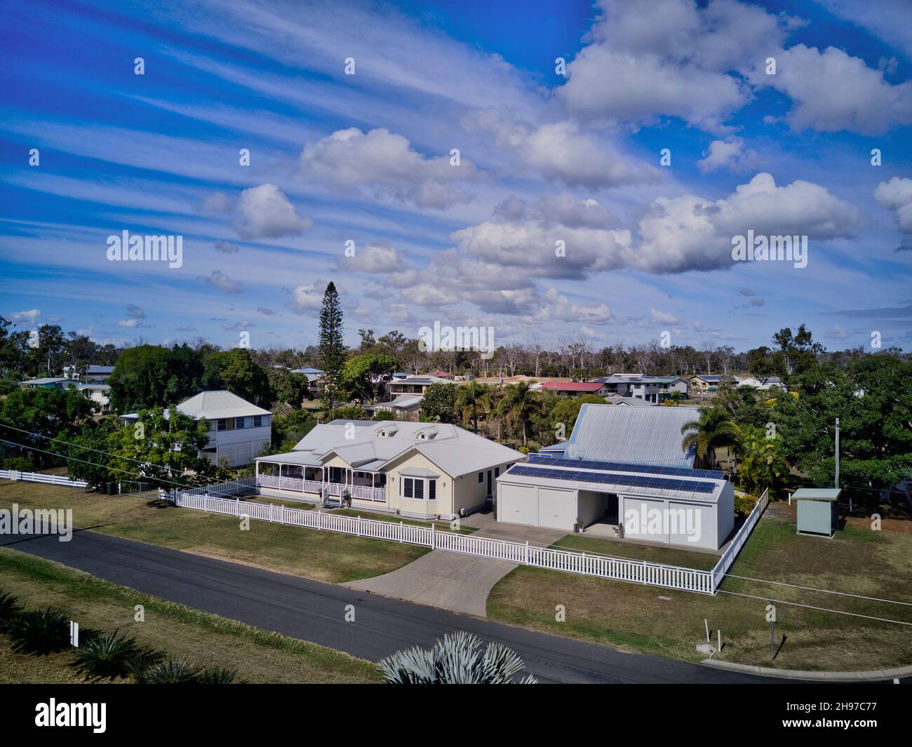 Aerial of holiday homes at Buxton a small village on the banks of the ...