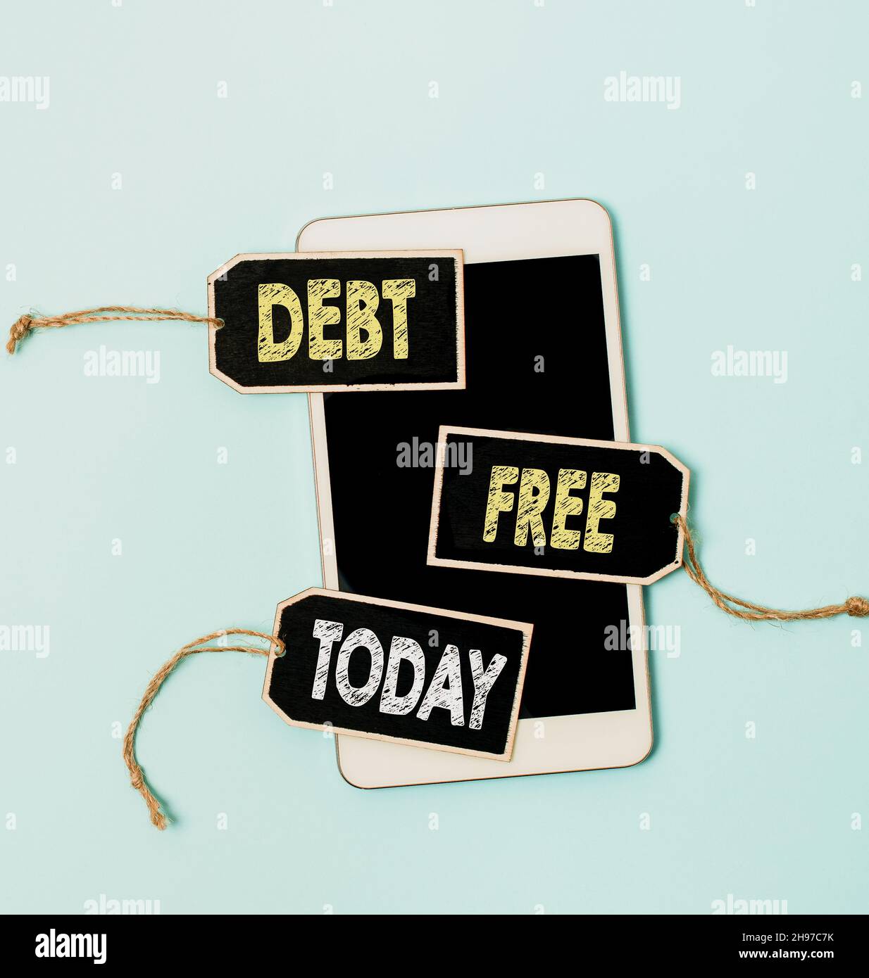 Hand writing sign Debt Free. Business idea free from owning any money ...