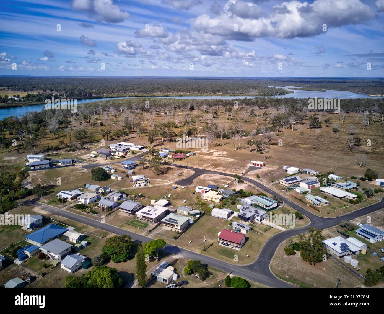 Aerial of holiday houses at Buxton a small village on the banks of the ...