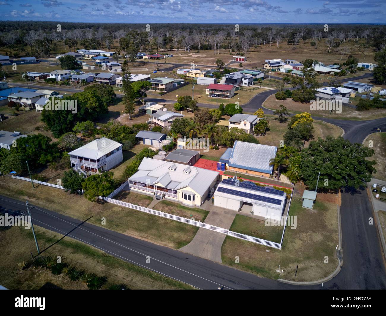 Aerial of holiday houses at Buxton a small village on the banks of the ...