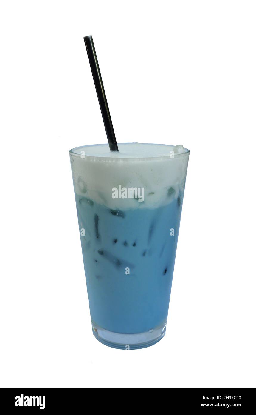 Iced Blue pea milk or Iced Butterfly Pea Latte isolated on white ...