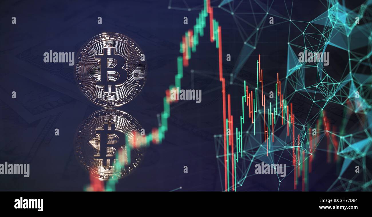 bitcoins with Candle stick graph chart and digital background.Golden ...