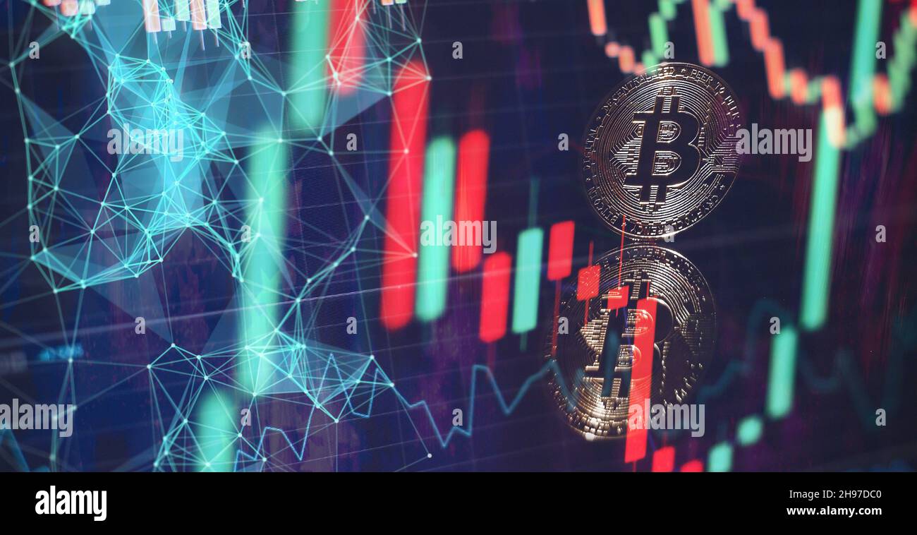 bitcoins with Candle stick graph chart and digital background.Golden ...