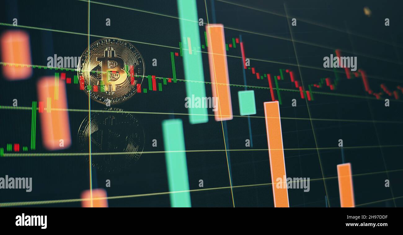bitcoins with Candle stick graph chart and digital background.Golden ...