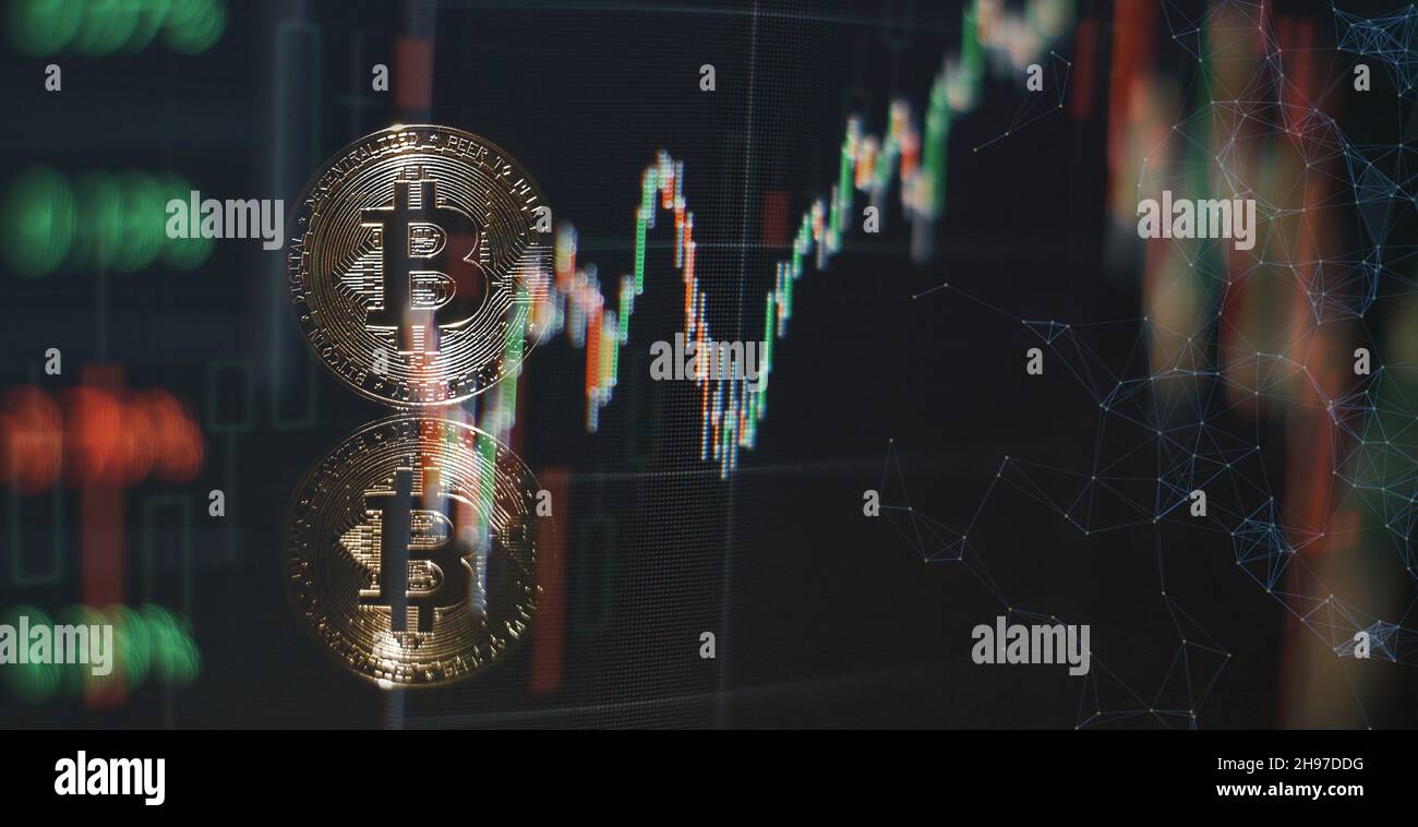 bitcoins with Candle stick graph chart and digital background.Golden ...