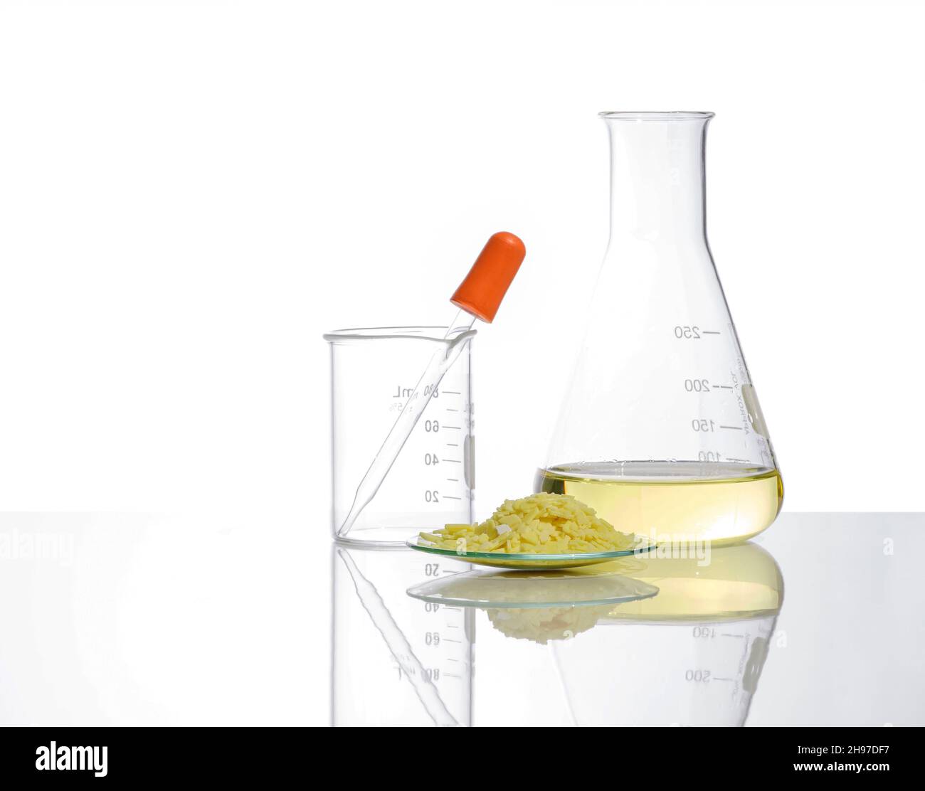 Closeup chemical ingredient on white laboratory table. Sodium sulfide ...