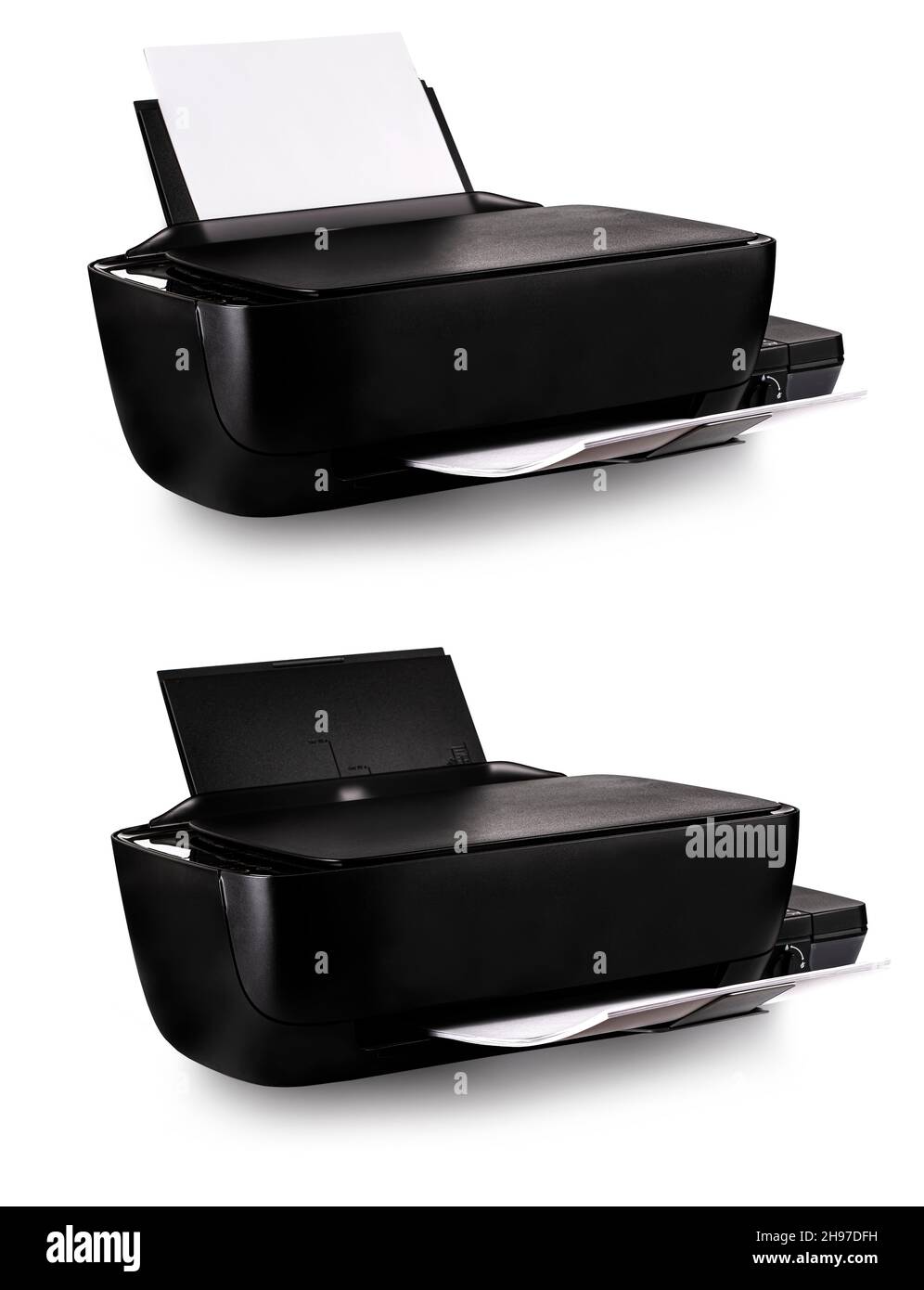 modern multifunction black inkjet printer with paper isolated on white ...
