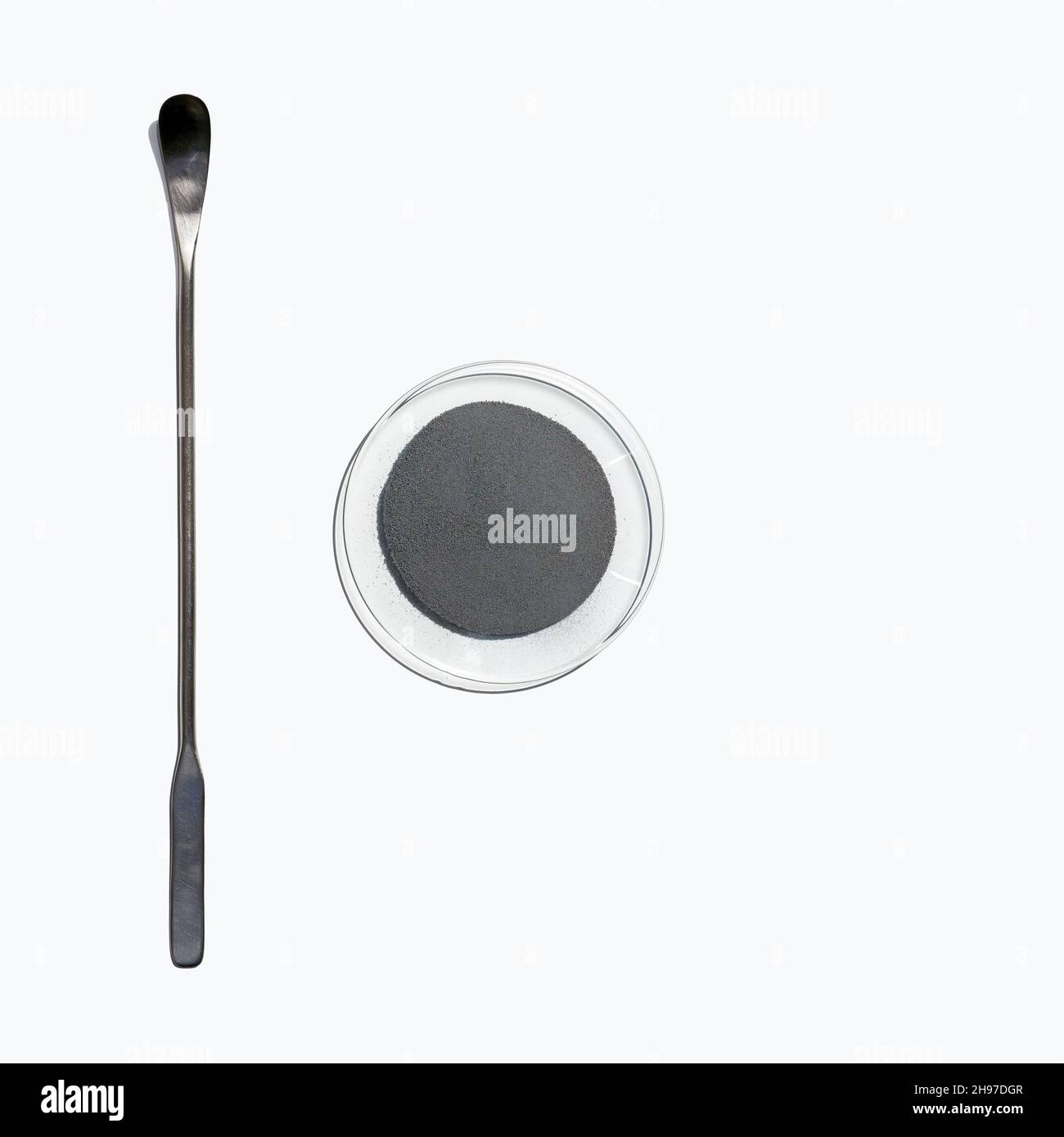 Zinc Powder in Chemical Watch Glass placed next to stainless spatula ...