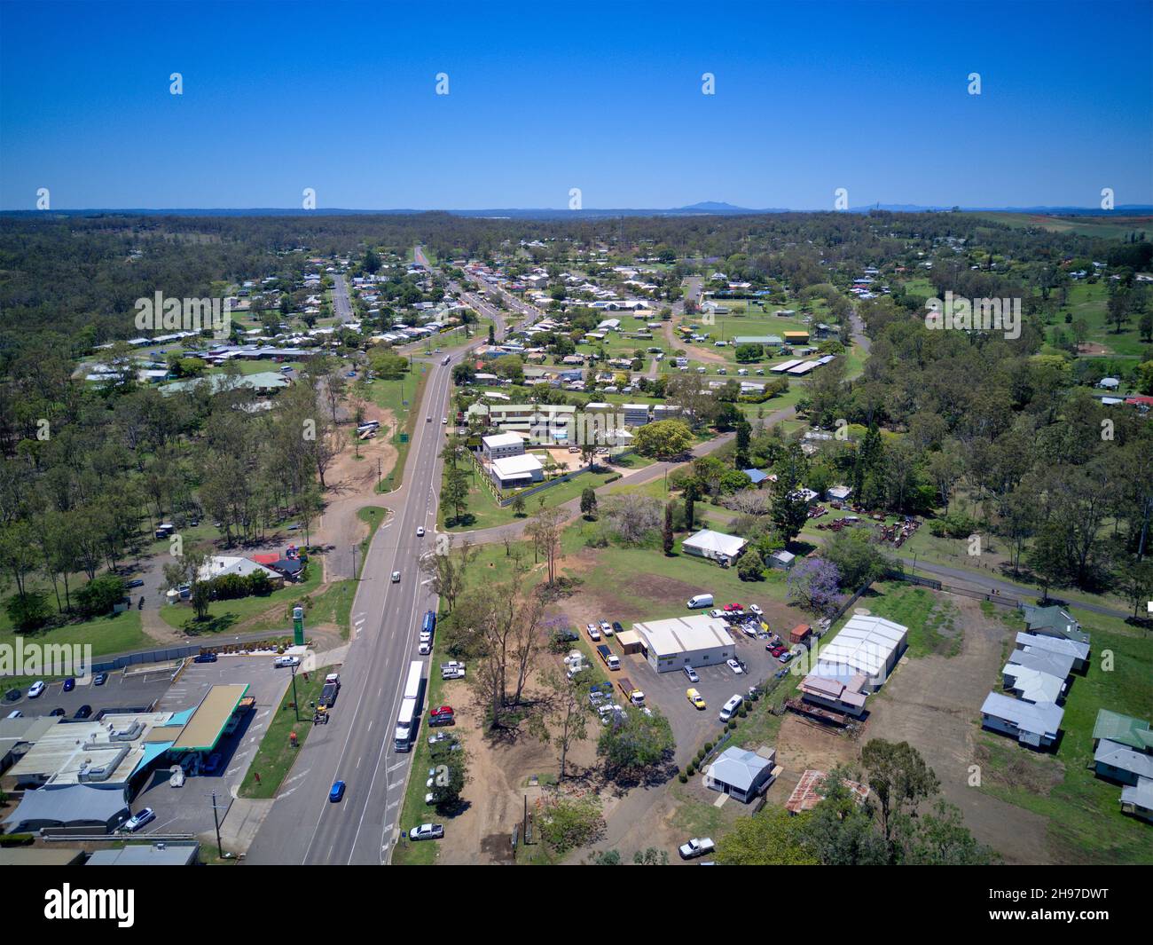 Aerial of the Bruce Highway passing through Gin Gin Queensland ...