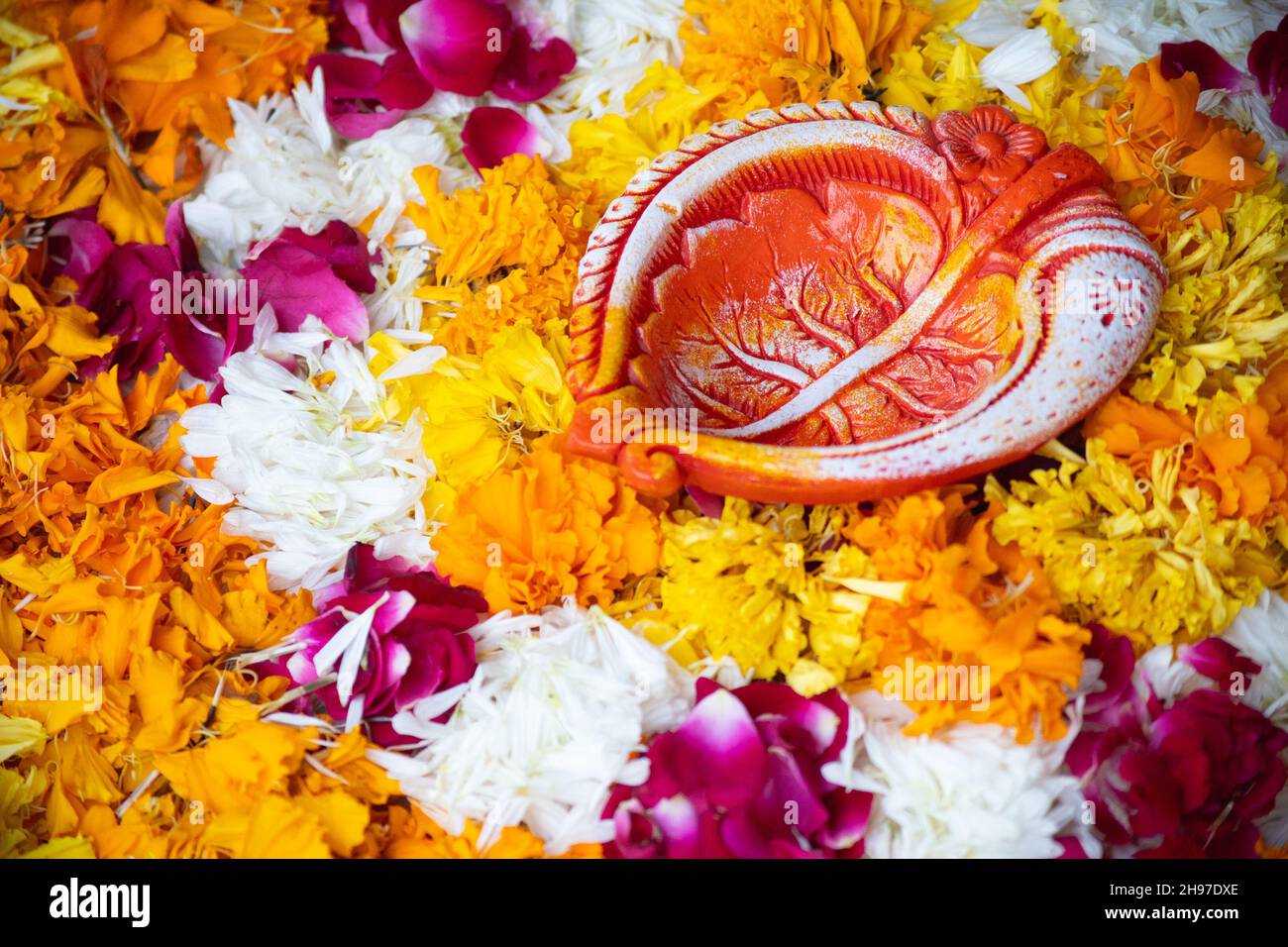 close up shot of flower petal rangoli with handmade painted petal ...