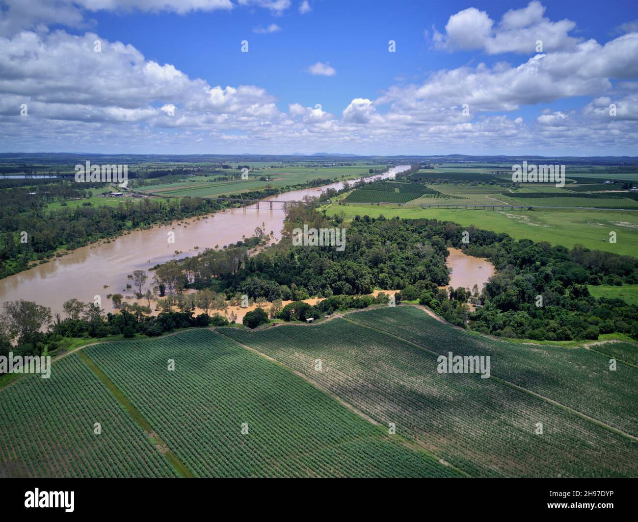 Aerial of the Burnett River at Walla Island in Flood December 2021 ...