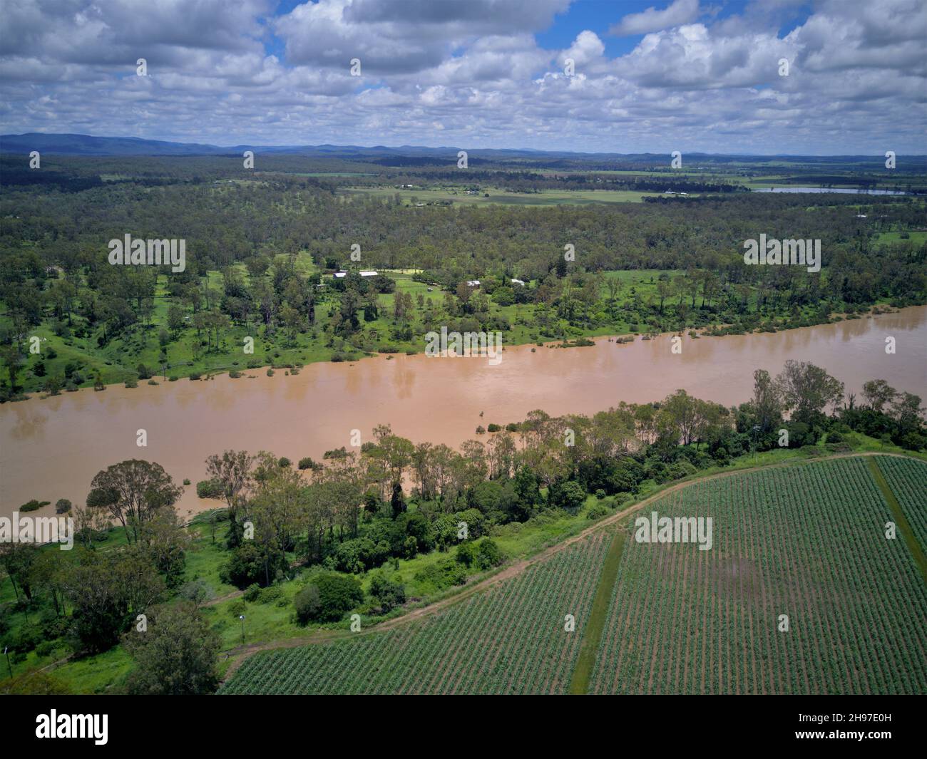 Aerial of historic Walla Station on the banks of the Burnett River in ...