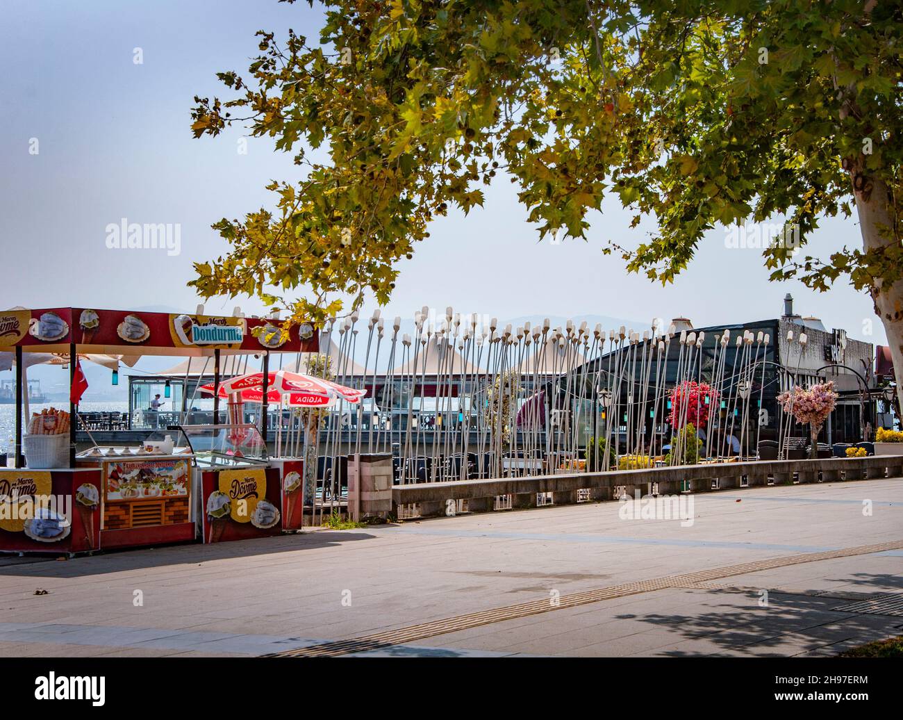 IZMIT, TURKEY. AUGUST 29, 2021. Cafes on the embankment. People walking ...
