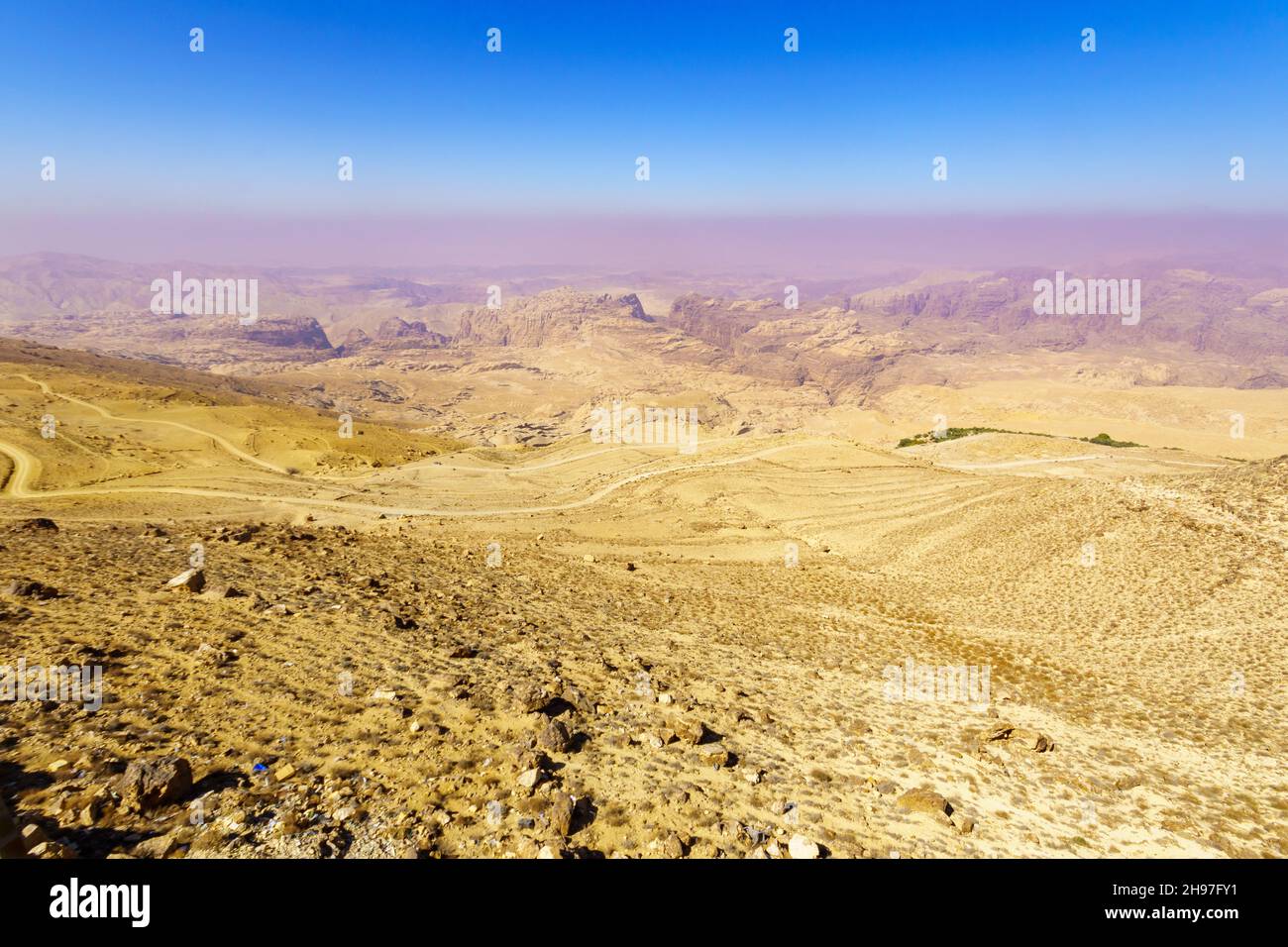 View of desert mountain landscape along the King highway, in Southern ...