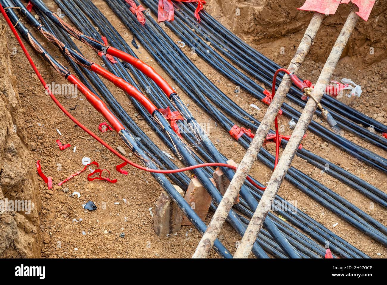 Power cables installation during reconstruction work on the city street ...
