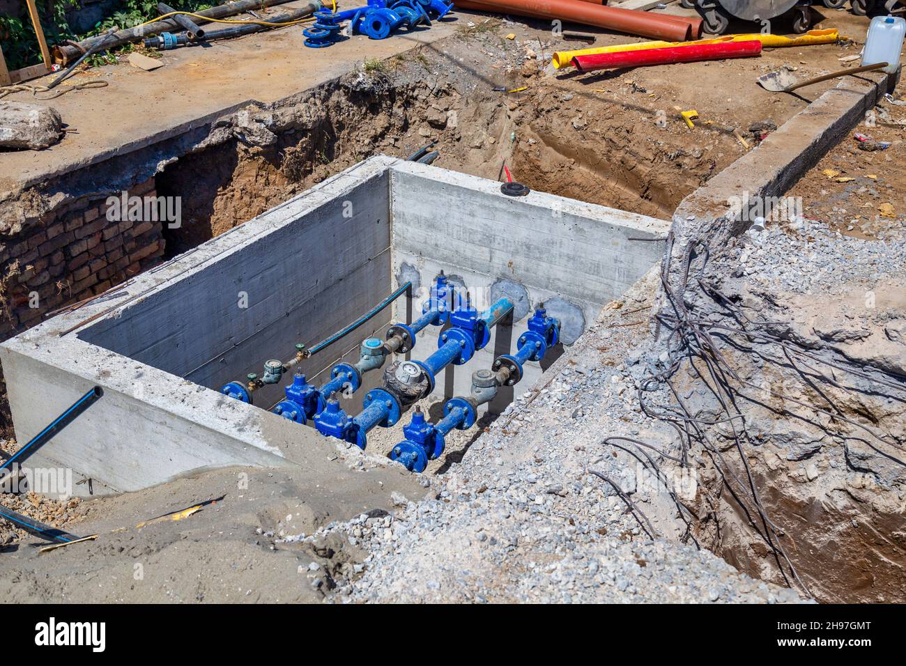Water system pipeline of the underground piping networks. Laying water ...