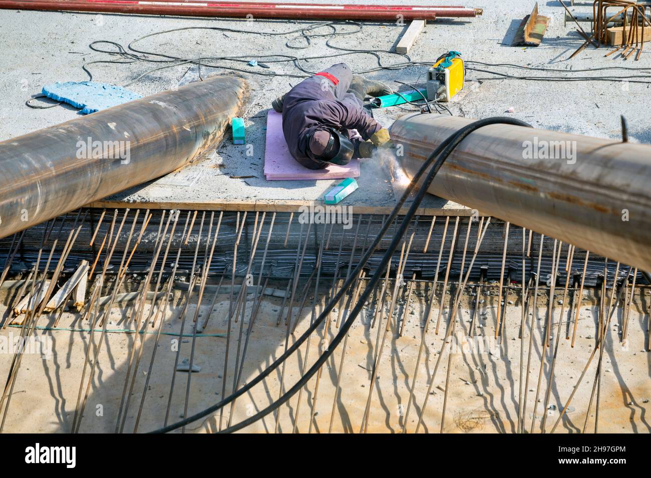 Welding metal construction for slope protection at construction site ...