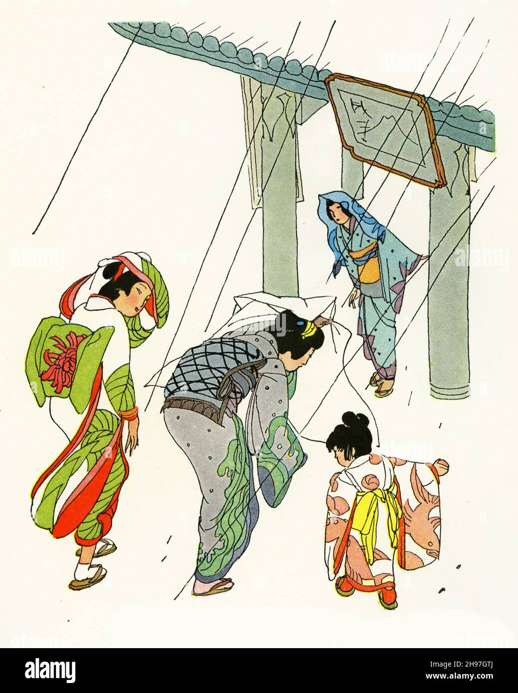 Quaint illustration of tradiitonal life in Japan, with a group of women ...