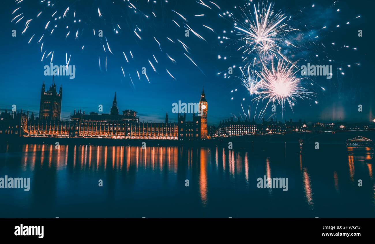 Big Ben with fireworks - celebration of the New Year at the House of ...
