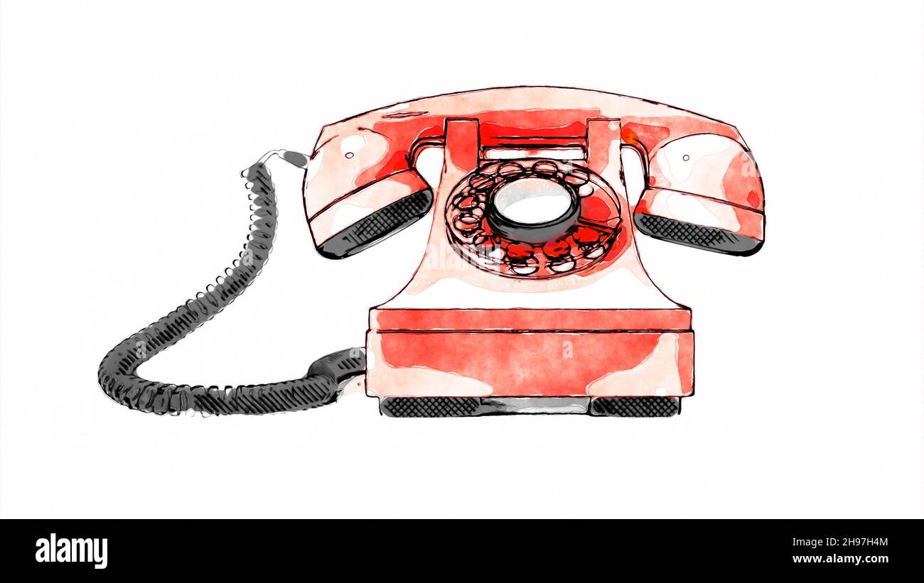 An illustration of an old red dial-up phone watercolor isolated on ...