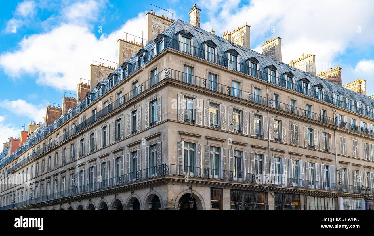 Paris, panorama of the rue de Rivoli, typical building, parisian facade ...