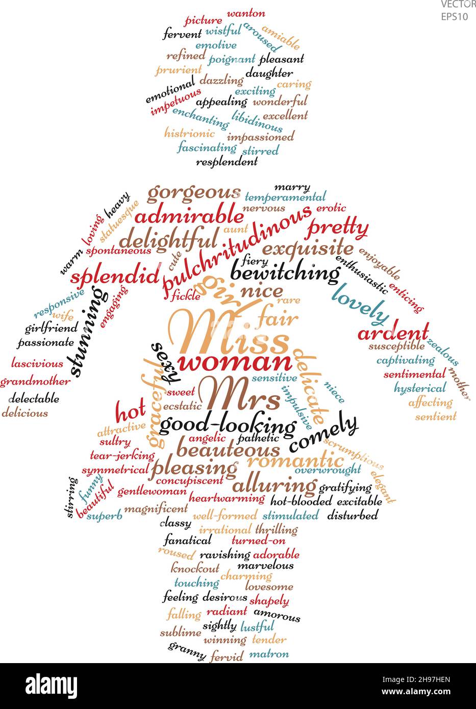 Woman tag cloud, female features word list conceptual vector ...