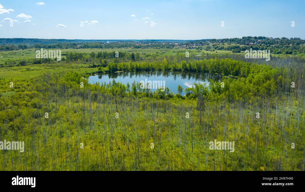 Aerial view of Bottomless Lake in forest of Solnechnogorsk District ...