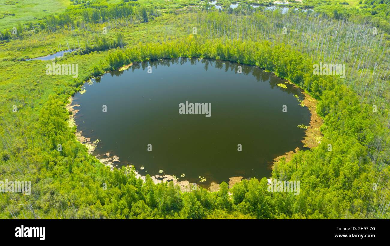 Aerial view of Bottomless Lake in forest of Solnechnogorsk District ...