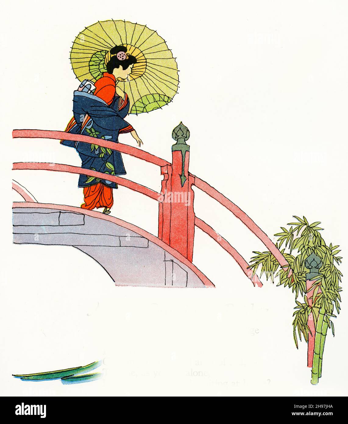 Quaint illustration of tradiitonal life in Japan, with a woman crossing ...