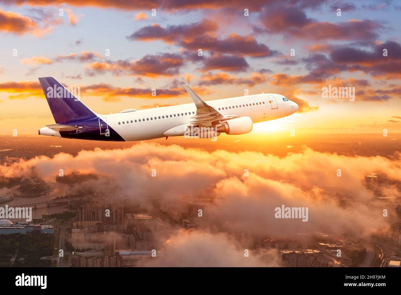 Airplane jet flying in the sky, near city airport. Beautiful vibrant ...