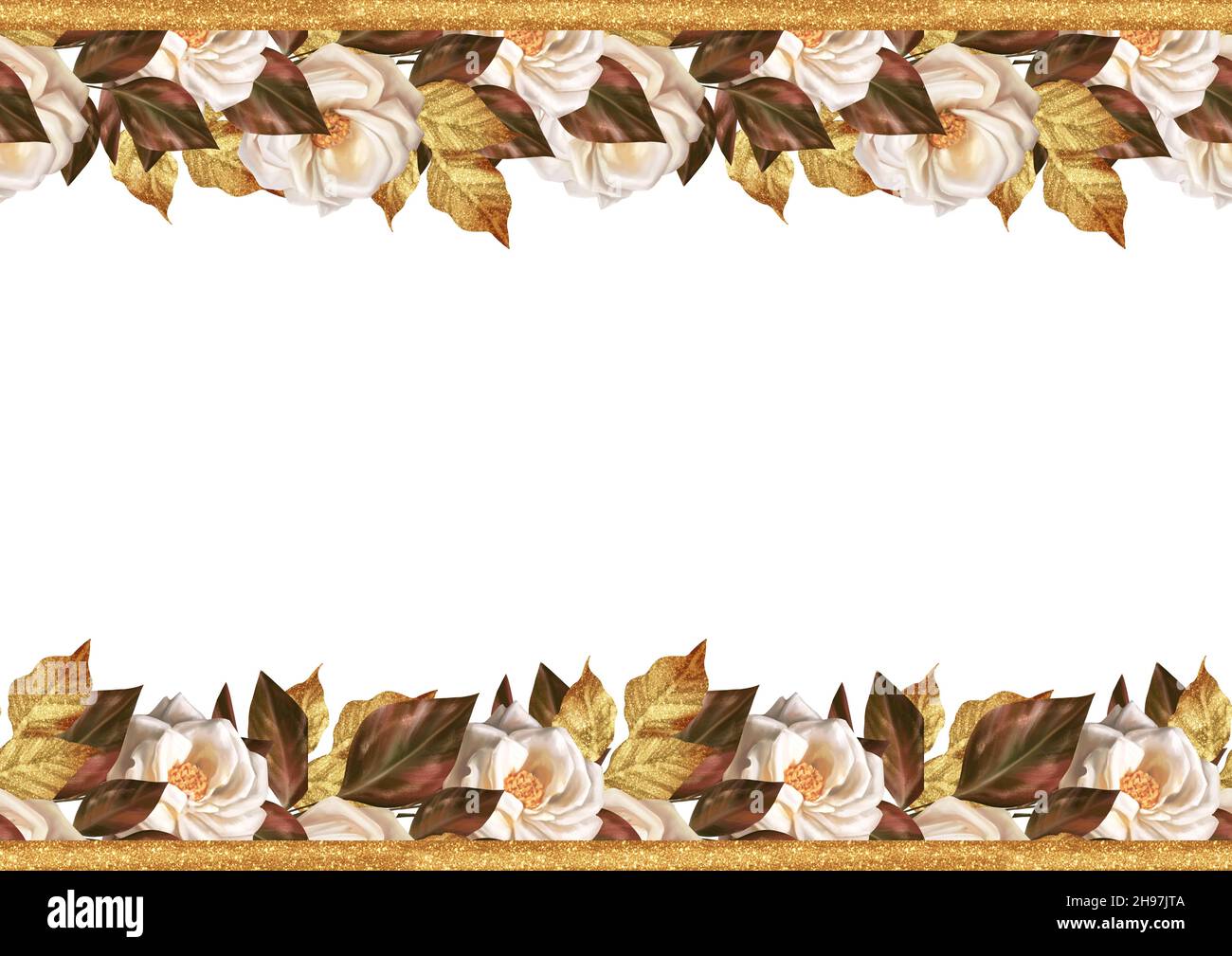White rose Flowers. Seamless pattern with gold leaves. Border frame ...