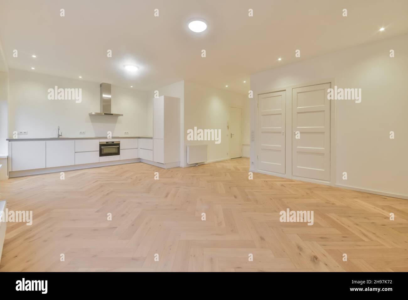 Interior of empty home kitchen with contemporary appliances Stock Photo ...
