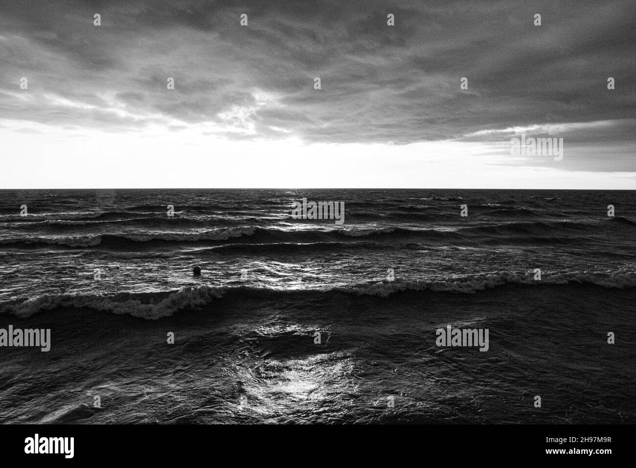 A grayscale of big waves on the beach under a cloudy sky Stock Photo ...
