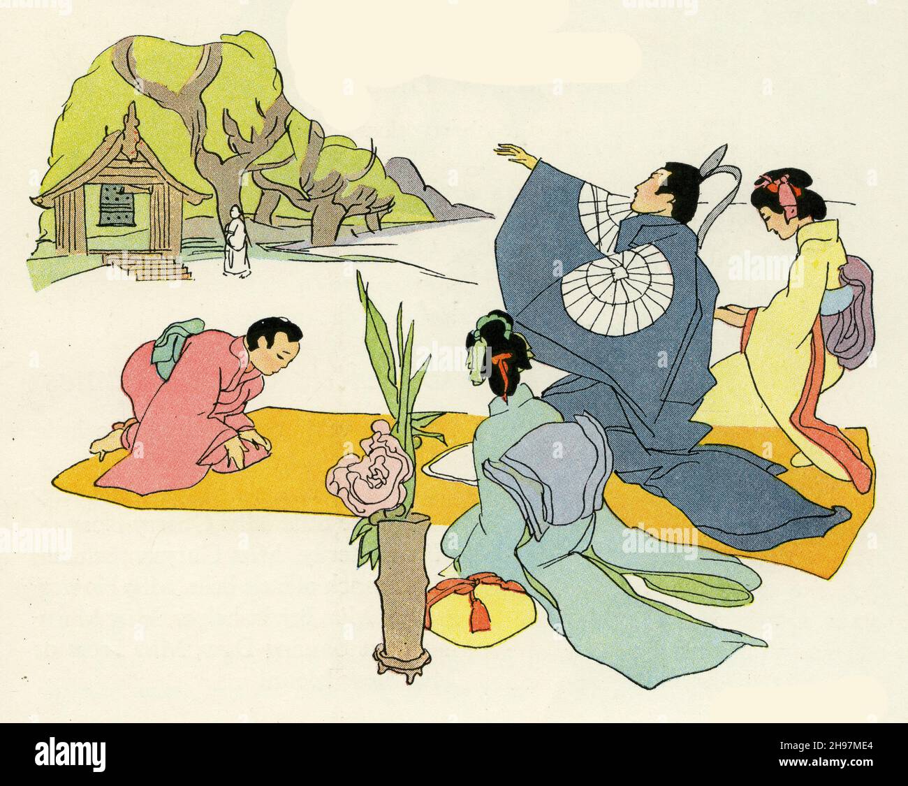 Quaint illustration of tradiitonal life in Japan, published circa 1928 ...