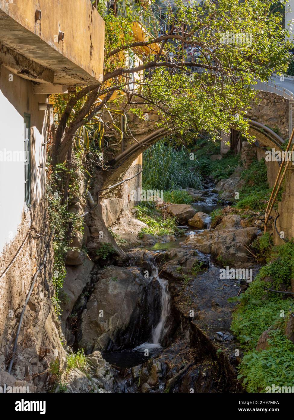 The bridge in Rio Maggiore in the Cinque Terre in Italy early in the ...