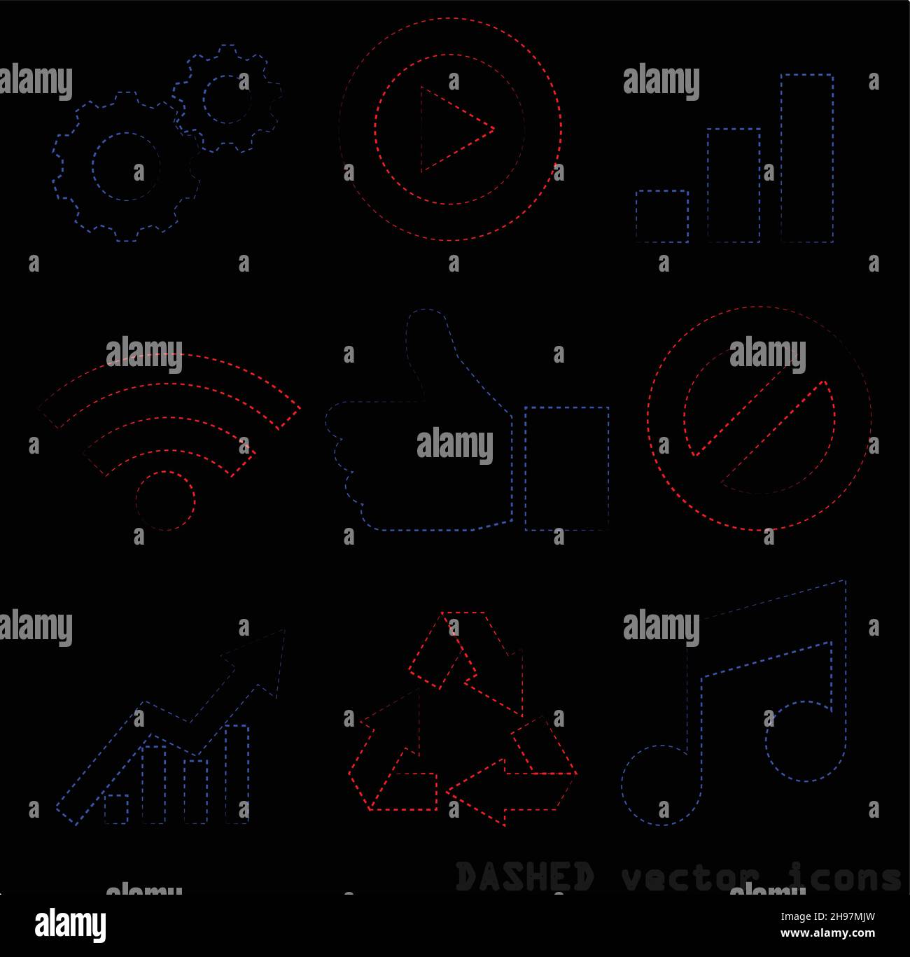 Colored dashed line vector icons set isolated over black background ...