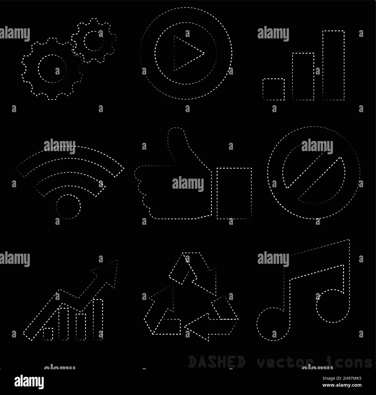 Dashed line vector icons set isolated over black background. Icons ...